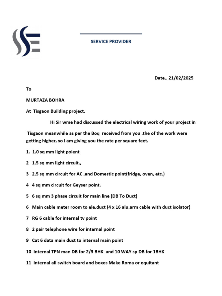 Electrical Wiring Rates for Tisgaon Project | PDF