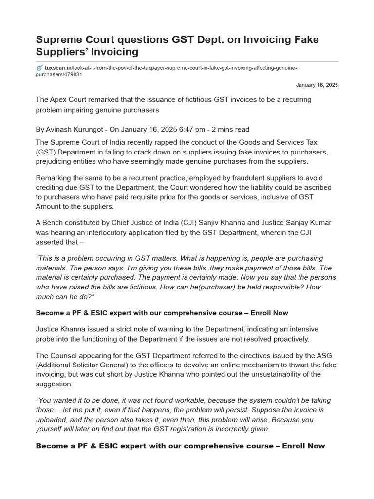Supreme Court Questions GST Dept. On Invoicing Fake Suppliers ...
