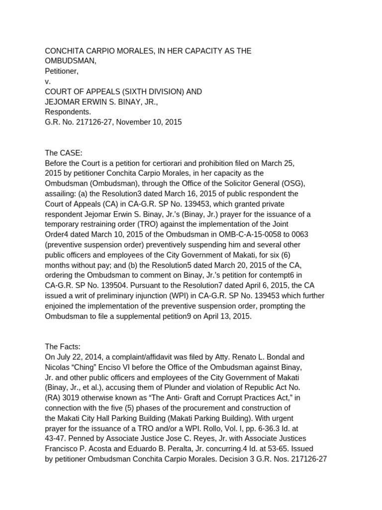 Ombudsman vs. Binay Jr. Legal Case Summary | PDF | Injunction | Justice