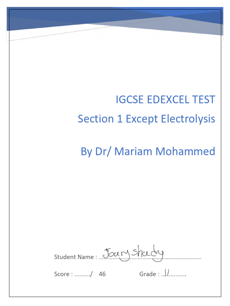 IGCSE Edexcel Section 1 Test Except Electrolysis - 241020 - 110416 | PDF