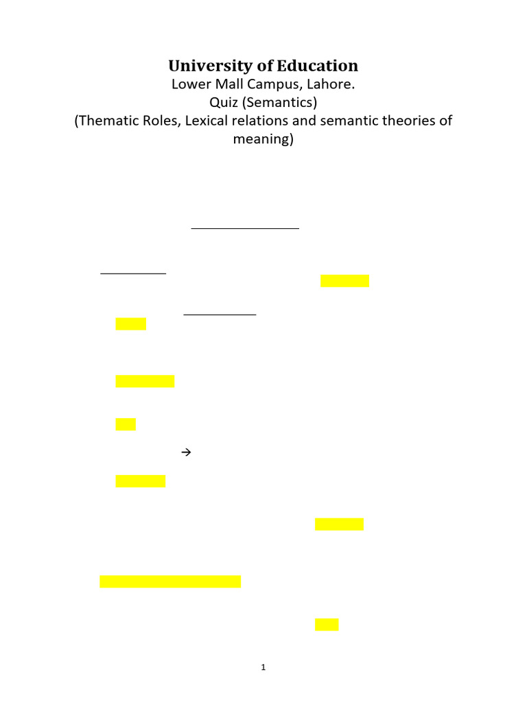 Semantics Quiz: Thematic Roles & Theories | PDF | Semantics | Semiotics