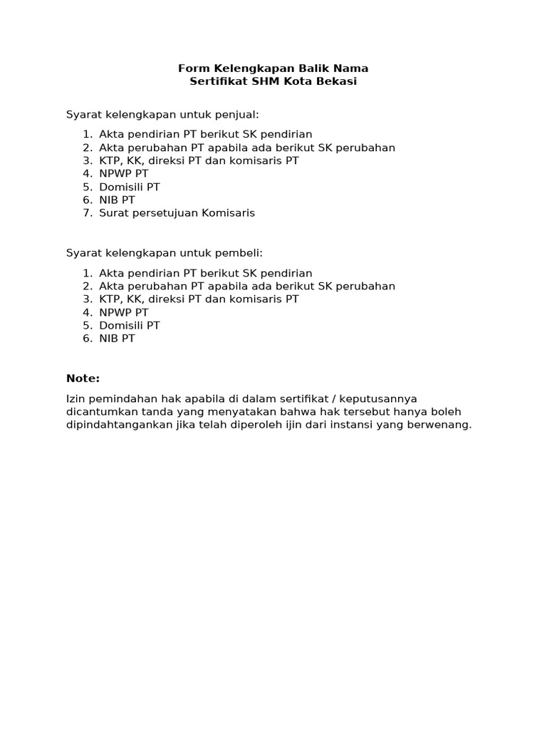 Form Kelengkapan Balik Nama | PDF