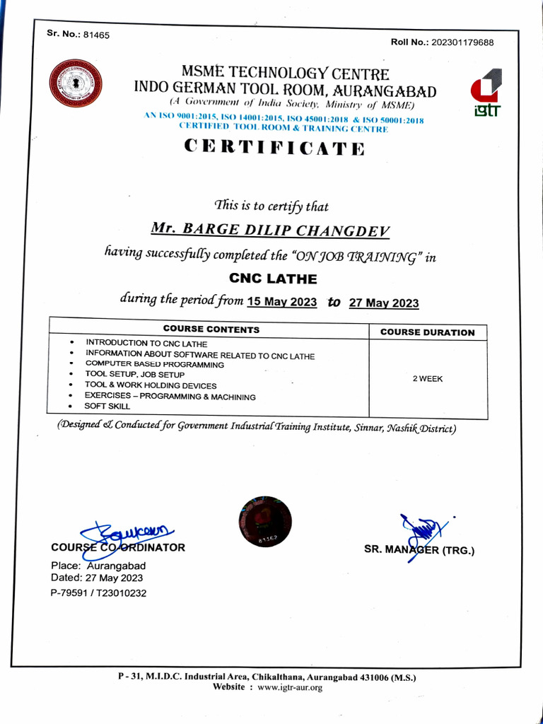 CNC Lathe Training Certificate | PDF