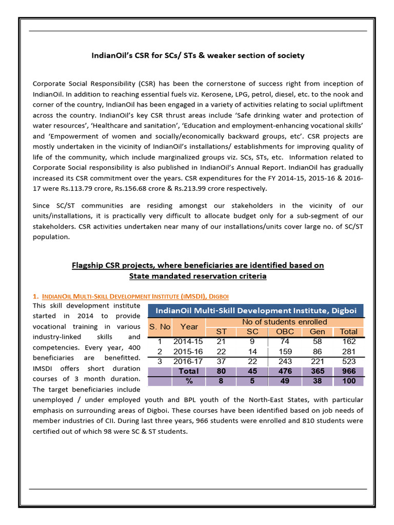 IndianOils CSR For SCs STs & Weakersection-Of-Society | PDF | Corporate Social Responsibility ...