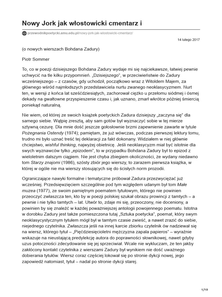 Piotr Sommer, Nowy Jork Jak Włostowicki Cmentarz | PDF