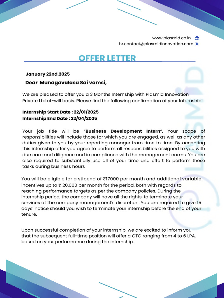 Munagavalasa Sai Vamsi Offer Letter | PDF | Business