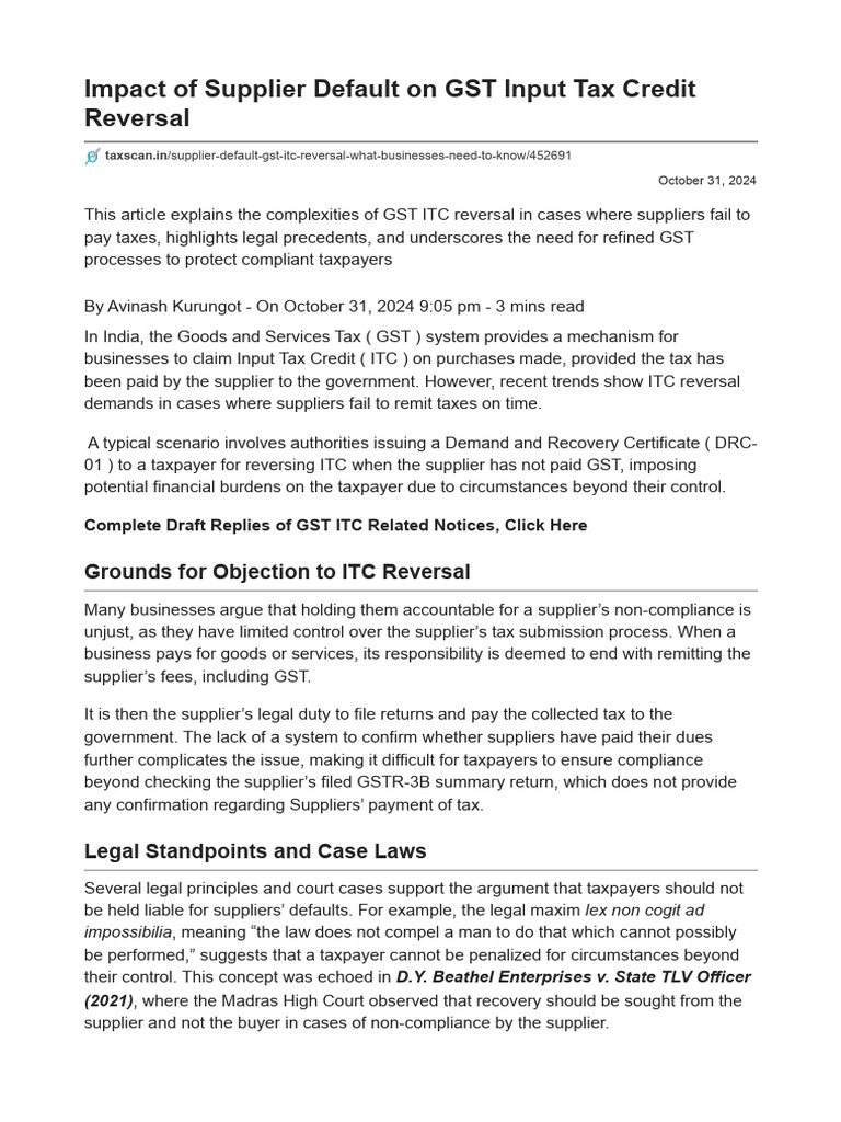 Impact of Supplier Default on GST DRAFT REPLY Input Tax Credit Reversal ...