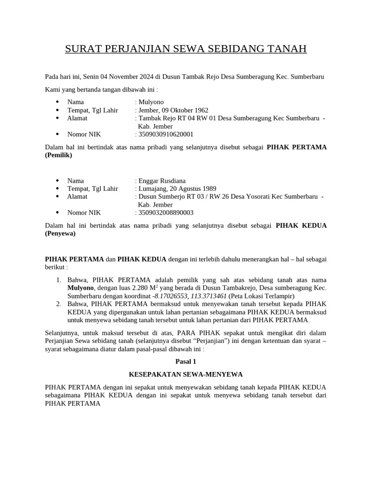 Surat Perjanjian Sewa Sebidang Tanah | PDF