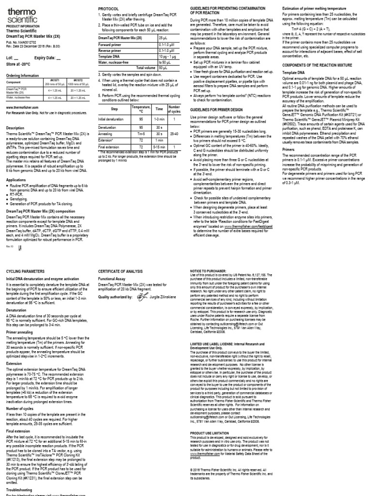DreamTaq PCR Master Mix Protocol Guide | PDF | Polymerase Chain ...