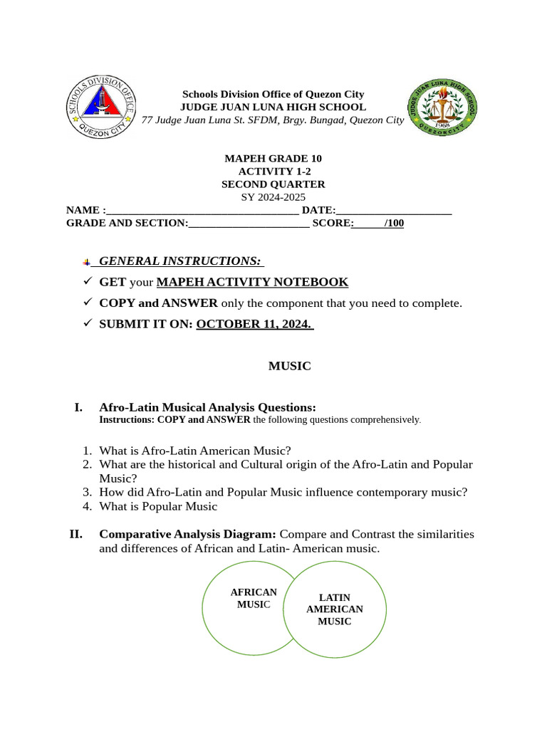 Grade 10 MAPEH Activity: Afro-Latin Music | PDF