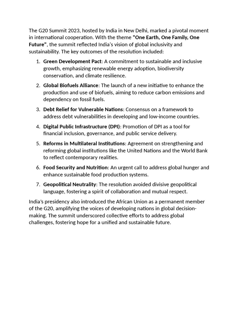 G20 Summit 2023 Outcomes and Initiatives | PDF
