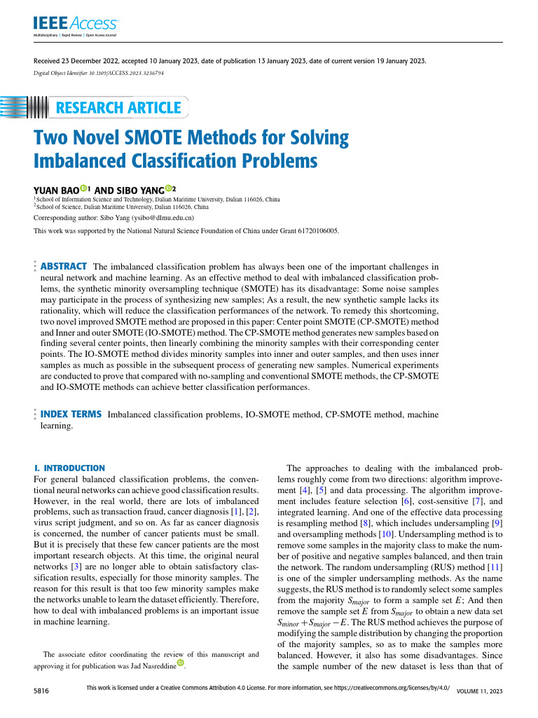 Two Novel SMOTE Methods For Solving Imbalanced Classification Problems | PDF | Machine Learning ...