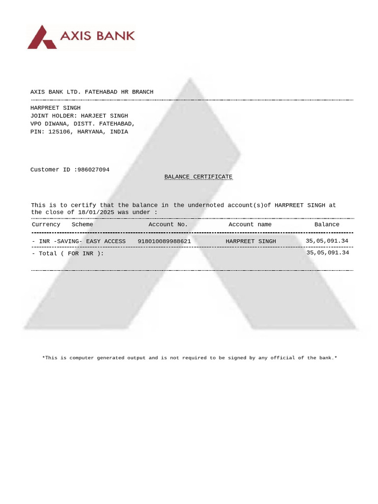 Joint Account Balance Certificate | PDF