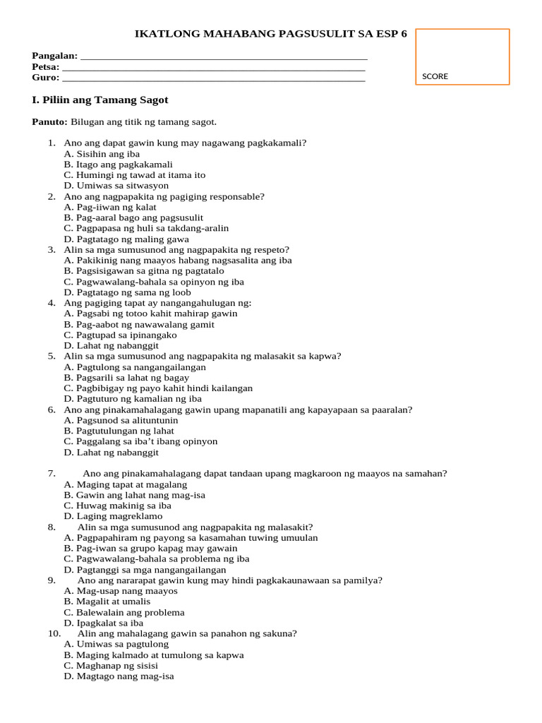3rd Grading Period Test in ESP 6 | PDF