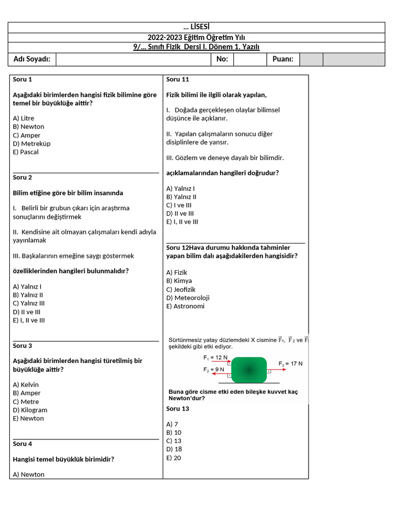 9 Sinif Fizik 1d 1y Sorubak Co | PDF