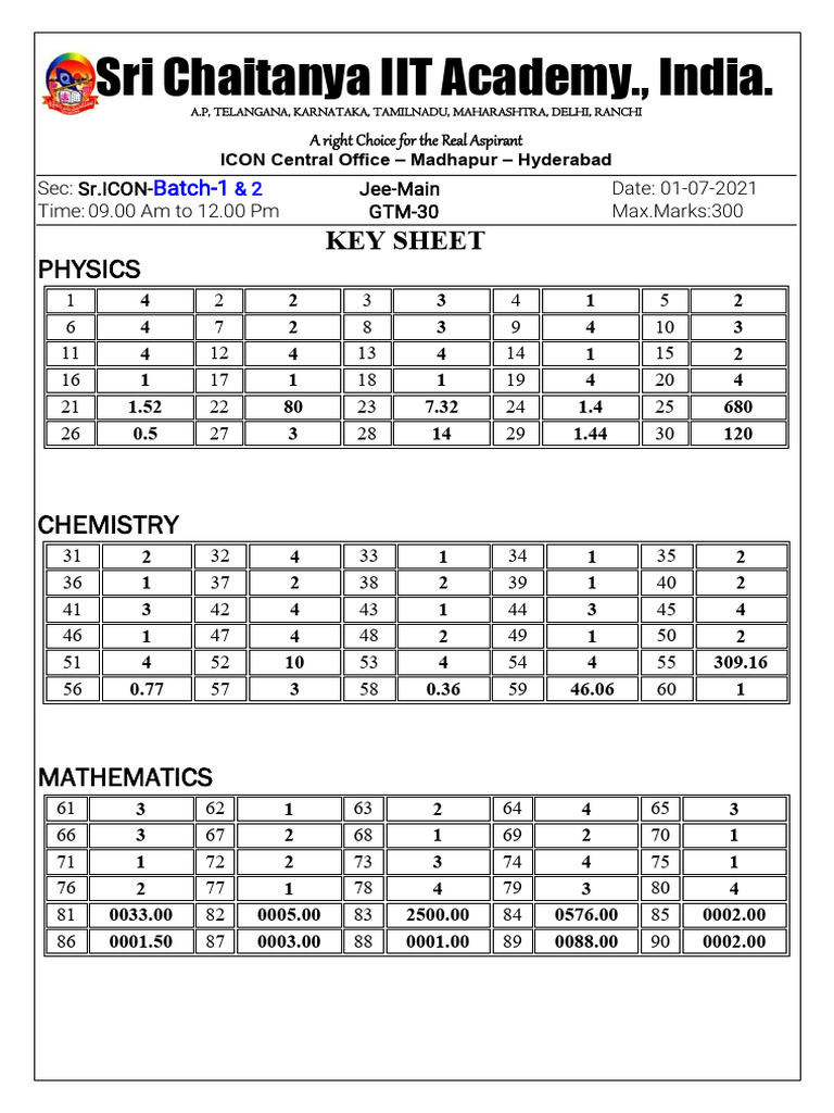 01-07-21 - SR - ICON-BT-I & B-2 - Jee-Main - GTM-30 - Key & Sol's | PDF | Physical Quantities ...