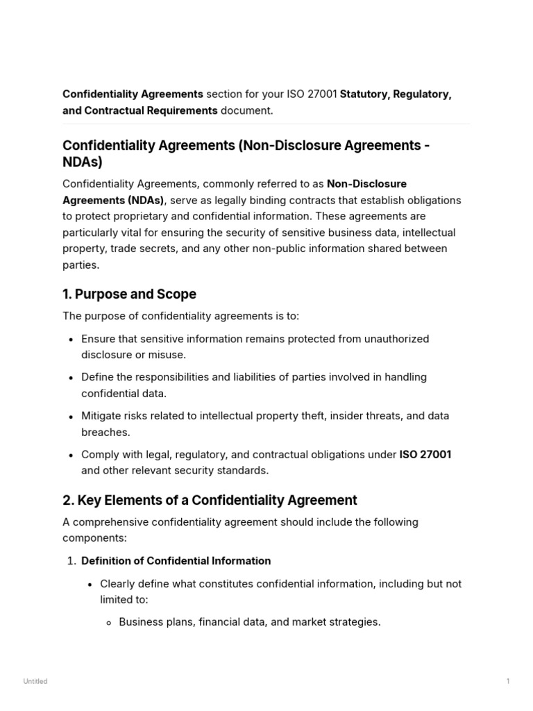 ISO 27001 Confidentiality Agreements Guide | PDF | Non Disclosure ...
