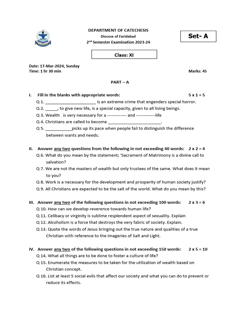 Question Paper - Class 11 - 2023-24 - Sem 2 - Set A | PDF | Catholic ...