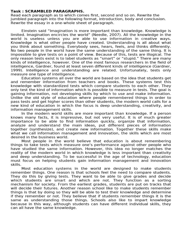 Activity Argumentativ Essay Jumbled Paragraph | PDF | Knowledge | Intelligence