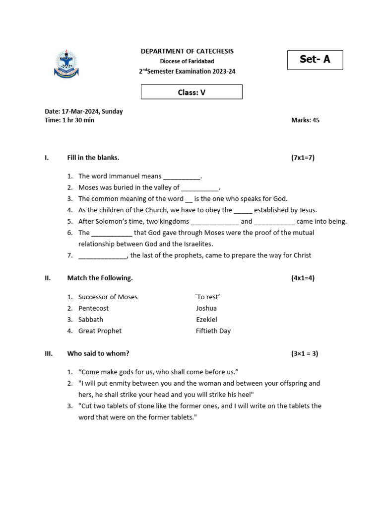 Question Paper - Class 5 - 2023-24 - Sem 2 - Set A | PDF | Jesus | Moses