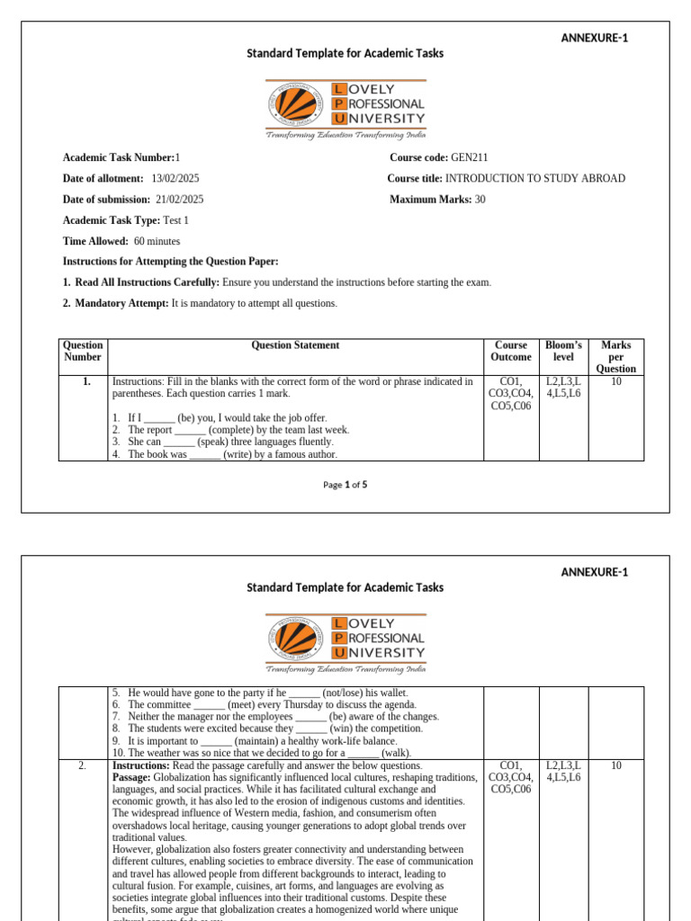 _CA1 SAMPLE Question Paper (1) | PDF | Globalization | Society