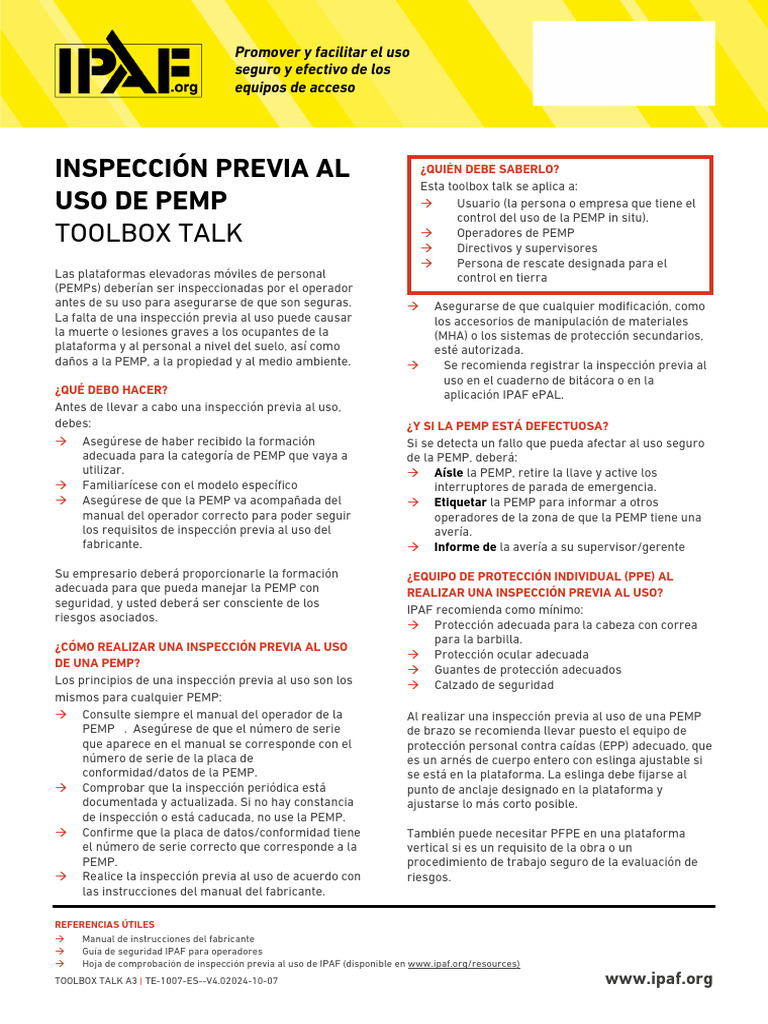 ES - IPAF Toolbox Talk A3 - MEWP Pre-Use Inspection (Es) | PDF