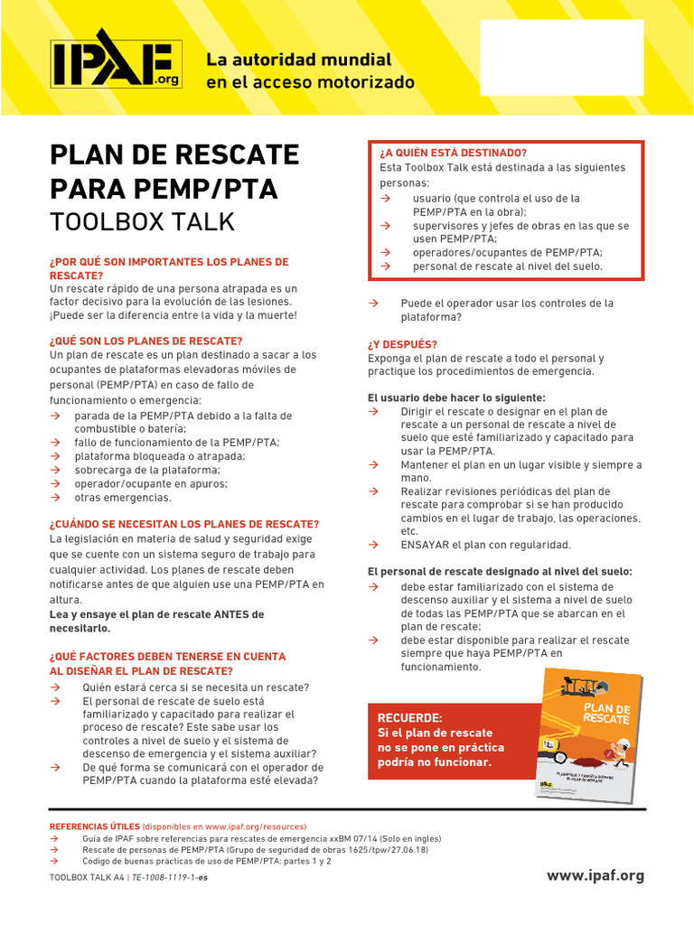 IPAF Toolbox Talk A4 - Plan de Rescate para PEMP PTA (TE-1008-1119-1-es) | PDF | Informática