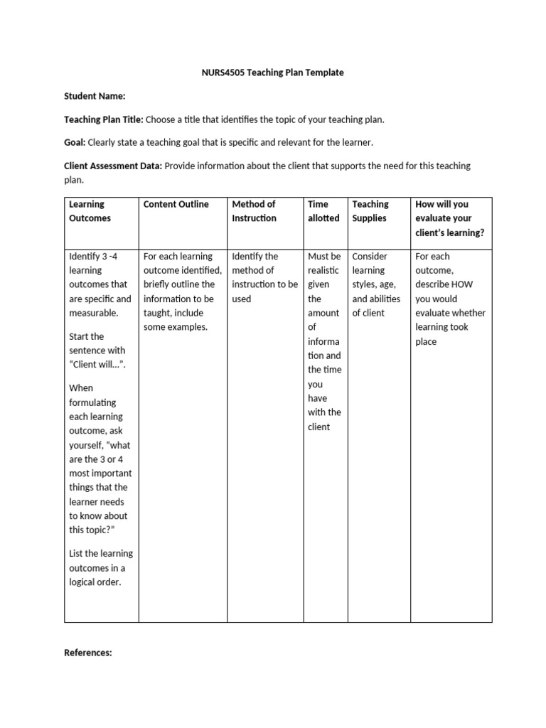 NURS4505 Teaching Plan Template Guide | PDF