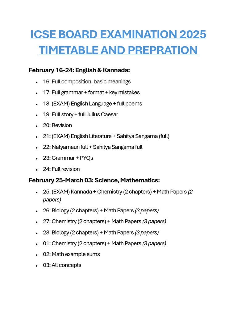 Icse 2025 Board Examinations Timetable SND Preparations | PDF