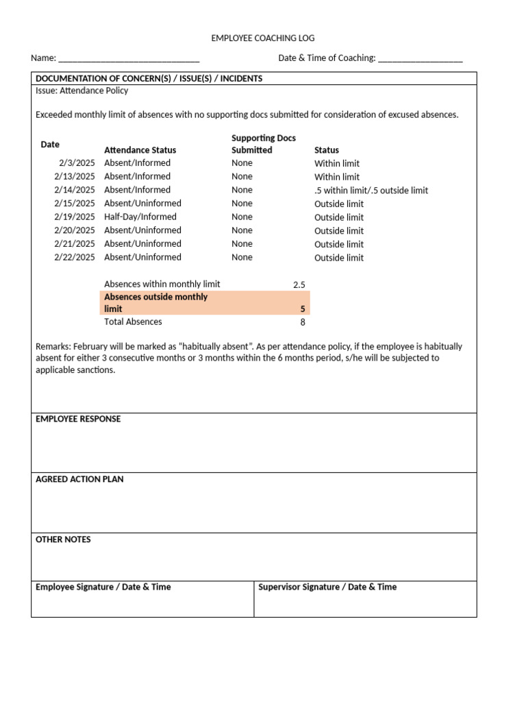 Employee Attendance Coaching Log | PDF