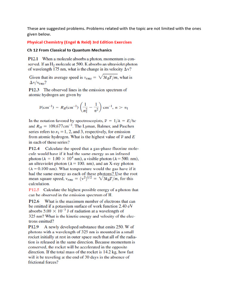 Physical Chemistry (Engel & Reid) 3rd Edition Exercises: CH 12 From ...