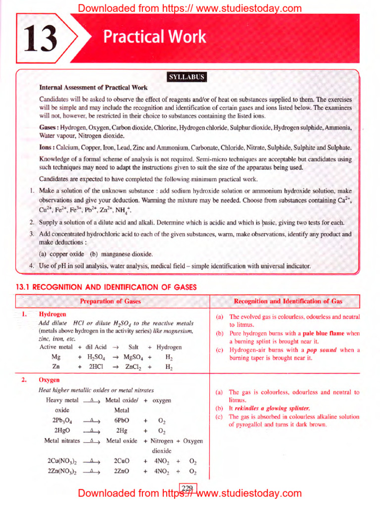 Selina Class 10 Chemistry Chapter 13 Practical Work | PDF