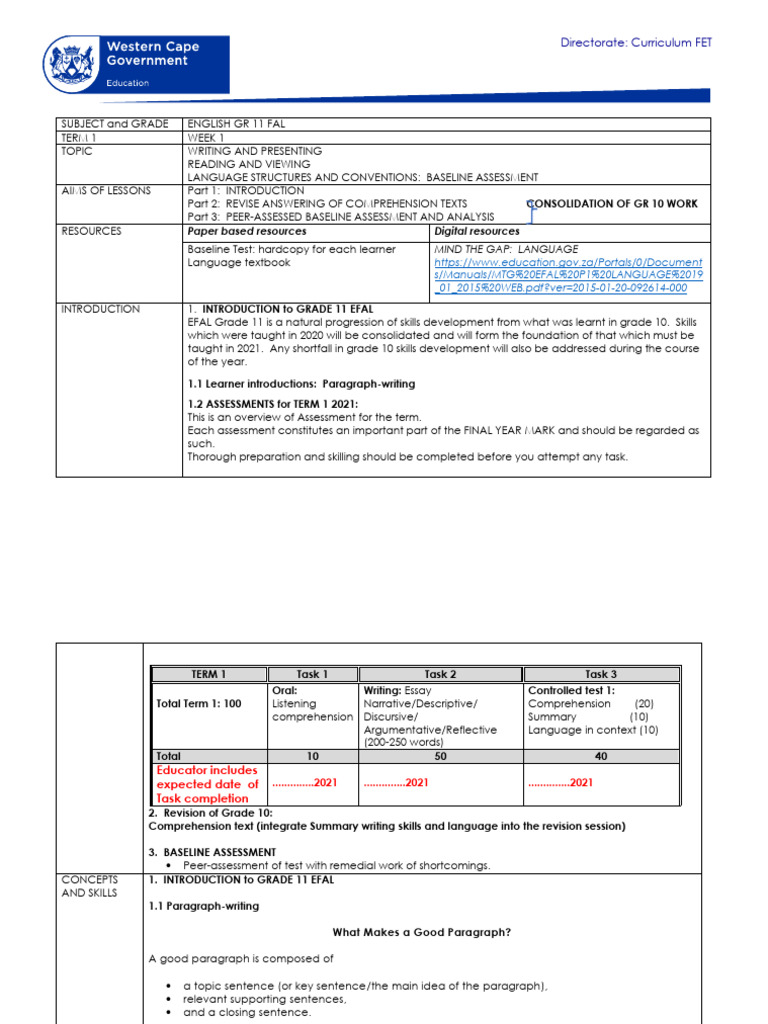 English FAL Grade 11 Term 1 Week 1 - 2021 | PDF | Reading Comprehension ...