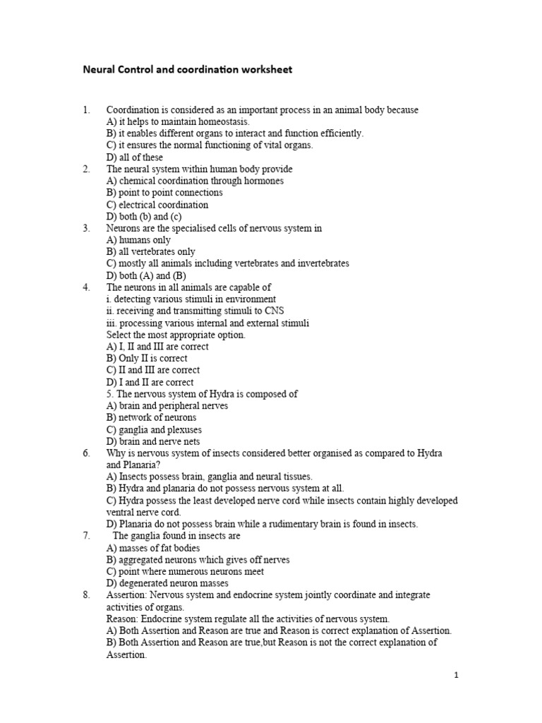 Neural Control and Coordination Worksheet Print | PDF | Synapse ...