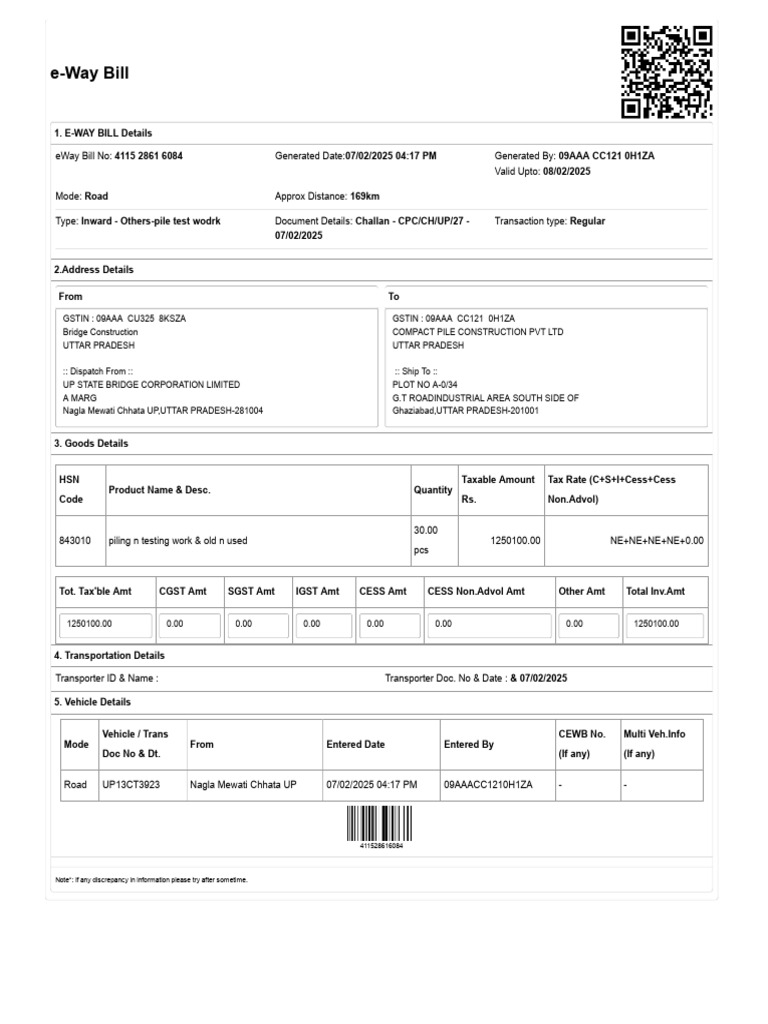 Eway Bill Mathura To Ghaziabad Mohan Jee07.02.2025.pdf111 | PDF | Government Of India | Public ...