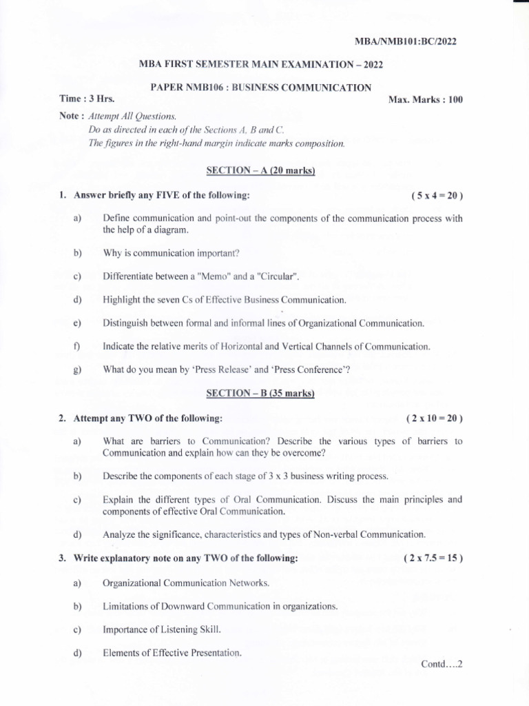 MBA Business Communication Exam 2022 | PDF | Communication | Human ...