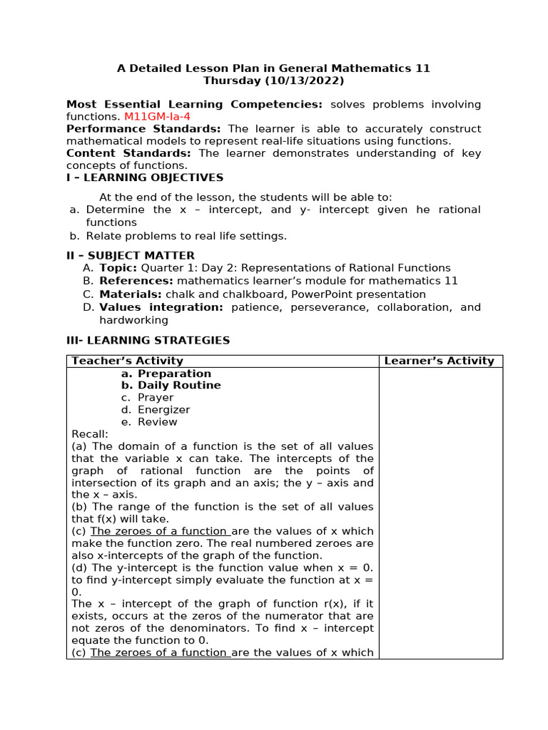 A Detailed Lesson Plan in Gen. Mathematics 11 Monday | PDF | Asymptote ...