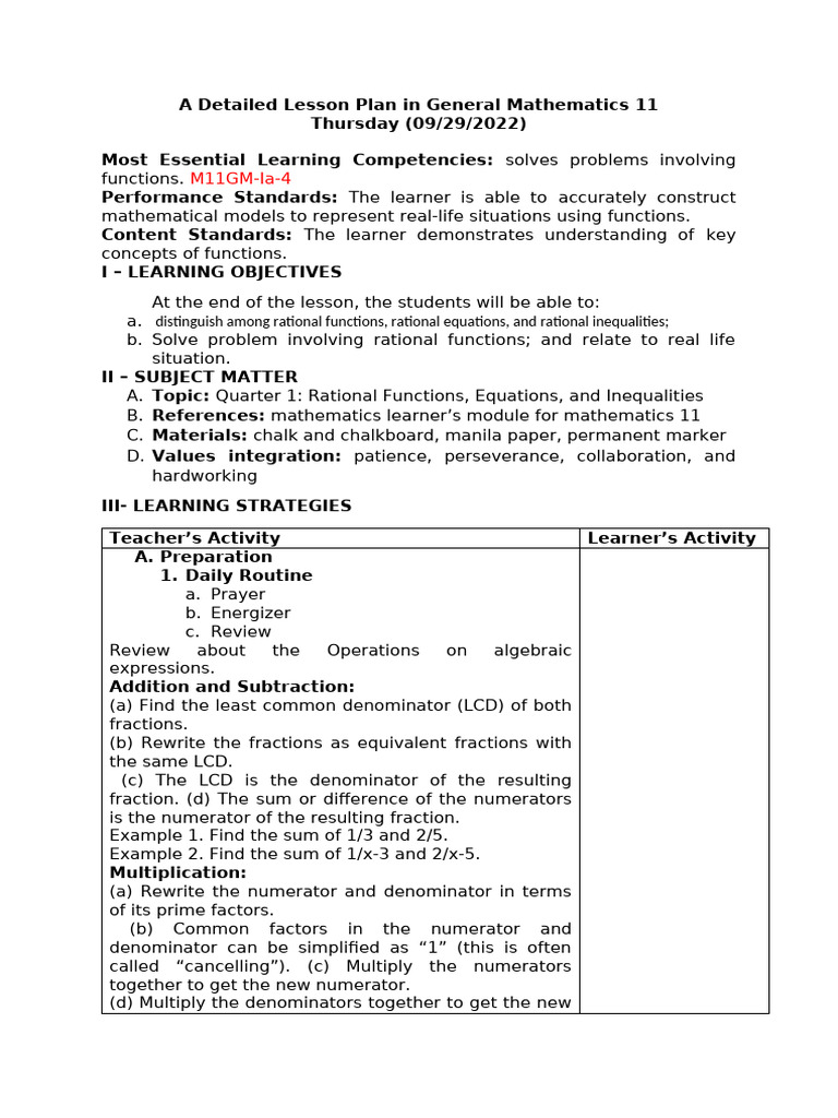 A Detailed Lesson Plan in Gen. Mathematics 11 Tuesday | PDF | Equations ...