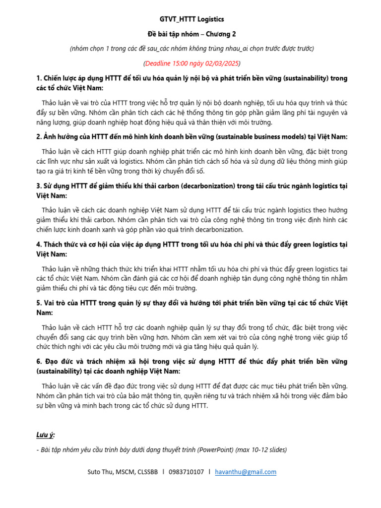 GTVT - HTTT Logistics - Bài tập nhóm - Case study - Chương 2 | PDF