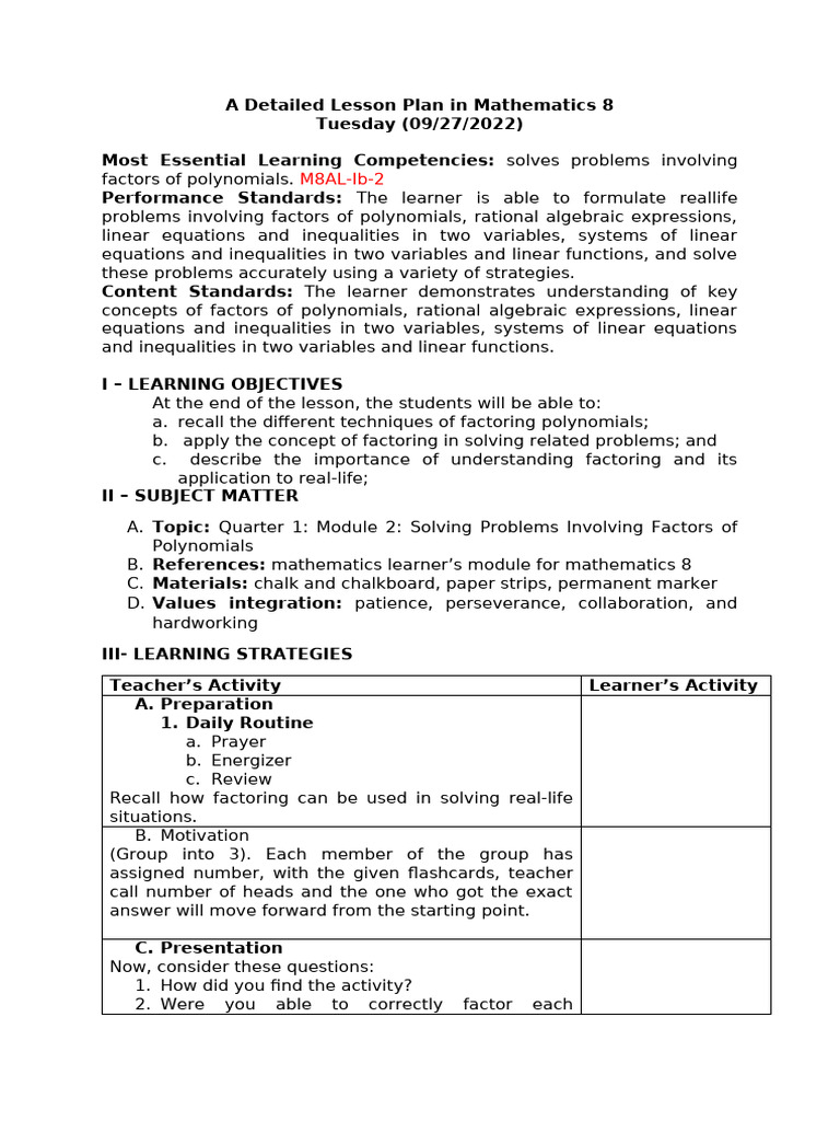 A Detailed Lesson Planin Mathematics 8 TUESDAY | PDF | Equations ...