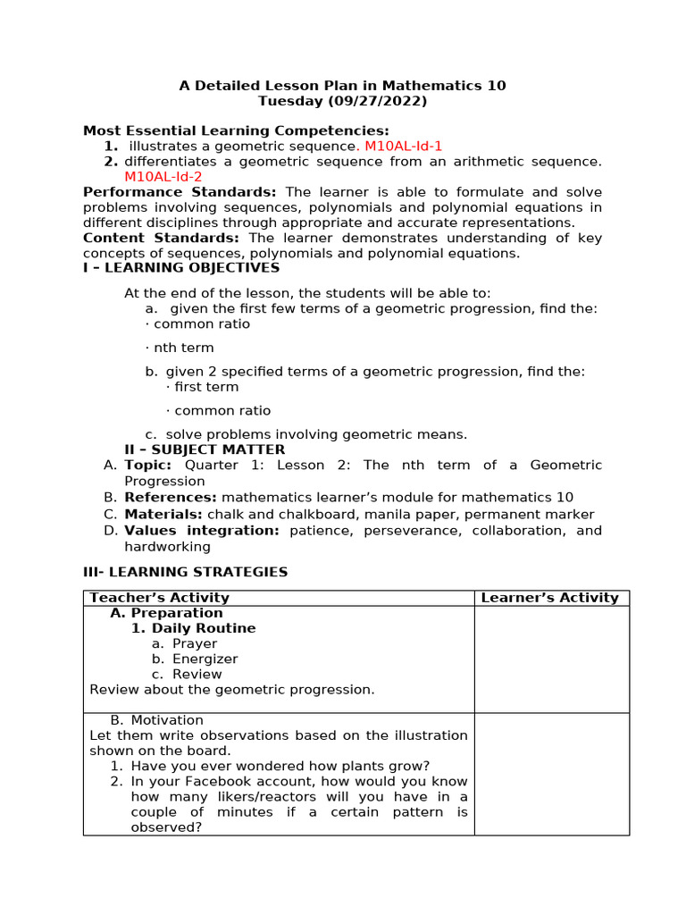 A Detailed Lesson Planin Mathematics 10 Tuesday | PDF | Learning ...