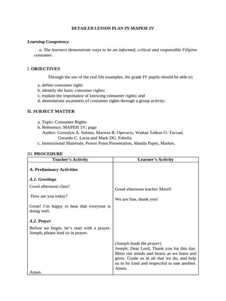 DETAILED LESSON PLAN IN HEALTH Tchr. Marel | PDF | Consumer Protection ...