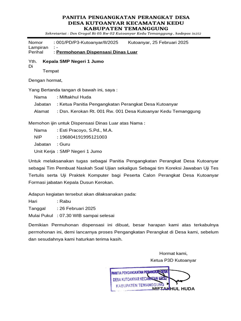 Surat Ijin Permohonan Dispensasi | PDF