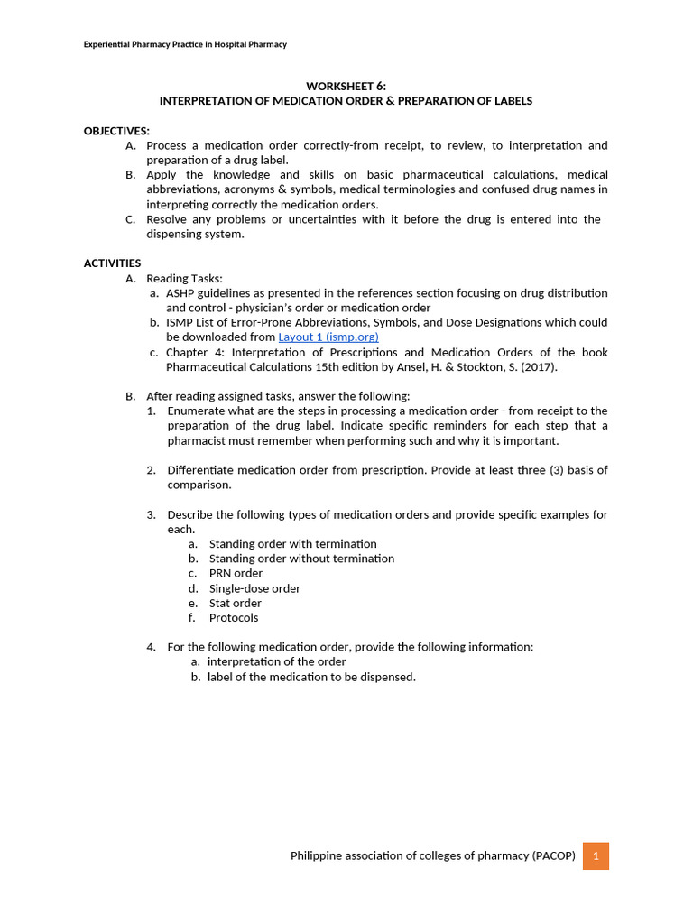 Interpretation of Medication Order Preparation of Labels. | PDF