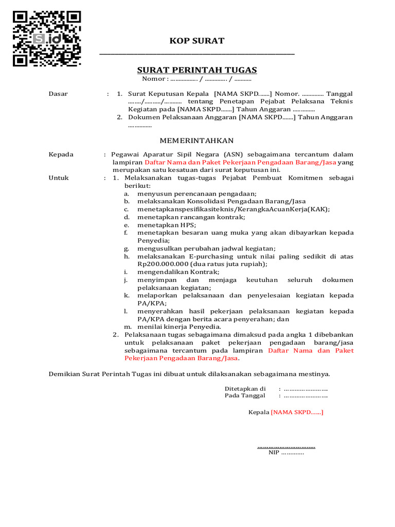 Format Surat Tugas PPTK Pelaksana Tugas PPK Tipe 2 | PDF