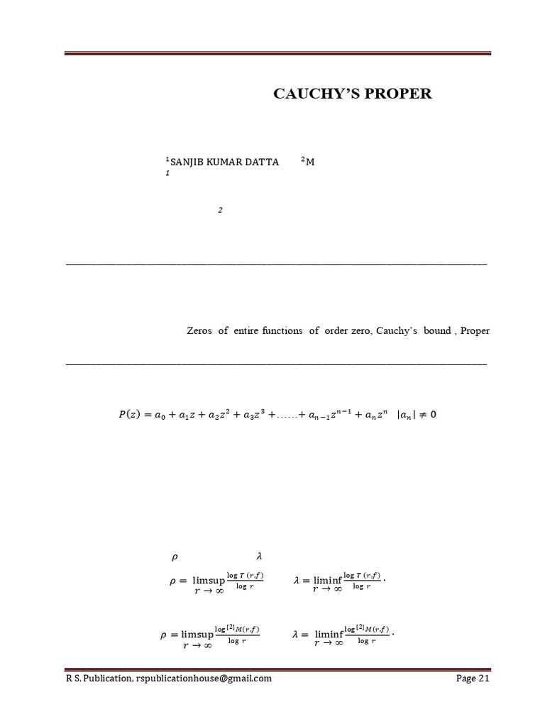 Few Results On Cauchy's Proper Bound For The Zeros of Entire Functions of Order Zero | PDF ...