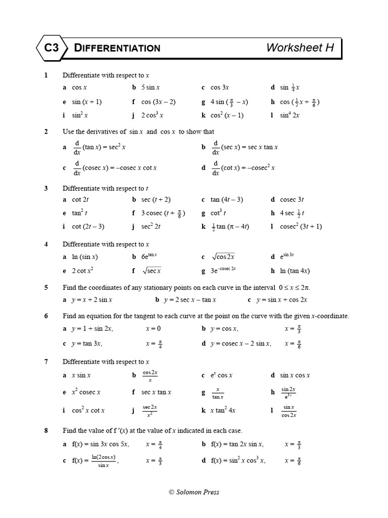Worksheet H - Differentiating Trigonometric Functions | PDF ...