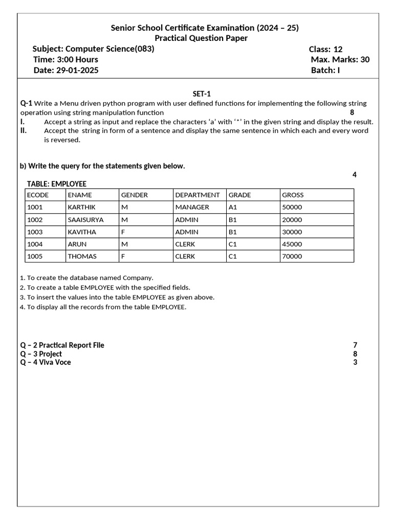 STD Xii C.S Practical (2024-25) Final | PDF | Table (Database) | String ...