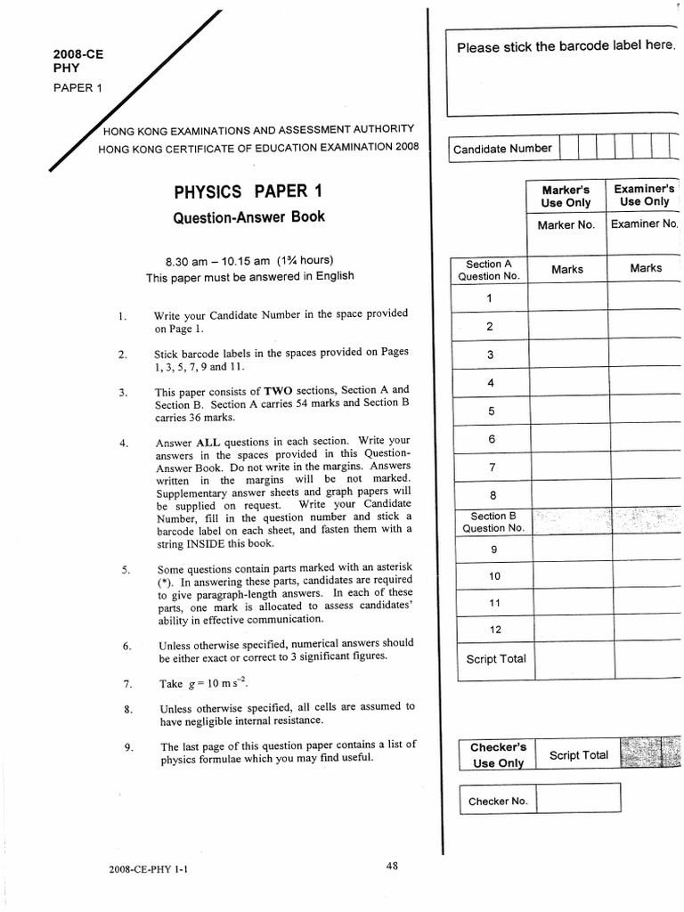 HKCEE Physics - Past Paper 2008 - Paper 1 - LQ 2 | PDF