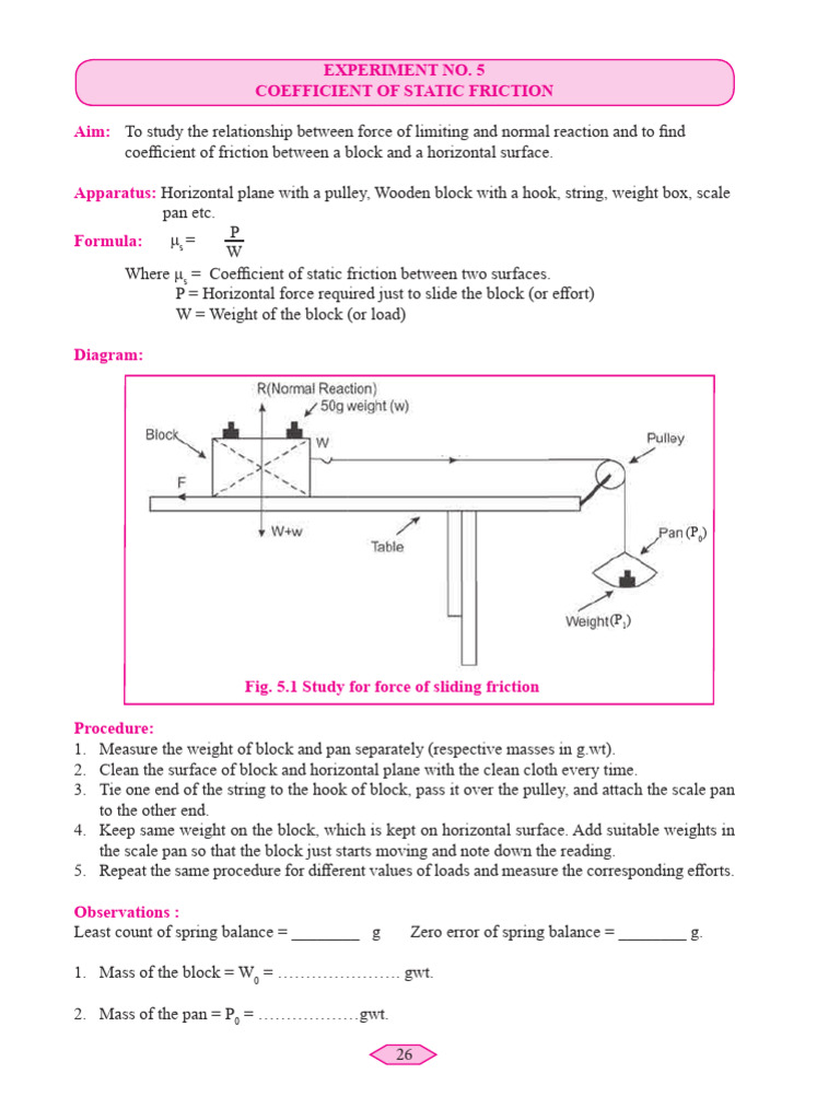 Experiment No 5 Coefficient of Static Friction | PDF | Friction | Force
